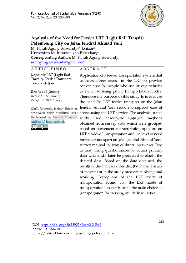 (PDF) Analysis of the Need for Feeder LRT (Light Rail Transit) Palembang City on Jalan Jendral ...