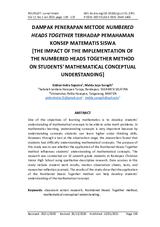 (PDF) Dampak Penerapan Metode Numbered Heads Together Terhadap Pemahaman Konsep Matematis Siswa ...