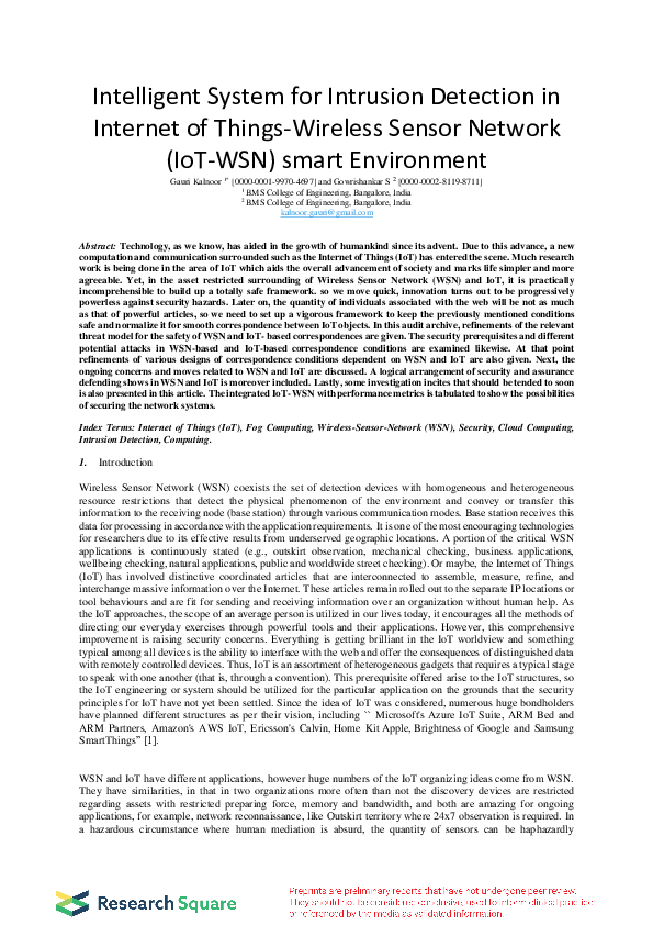 Pdf Intelligent System For Intrusion Detection In Internet Of Things Wireless Sensor Network