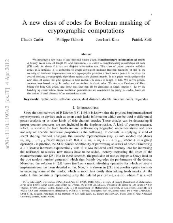 (PDF) A New Class of Codes for Boolean Masking of Cryptographic ...