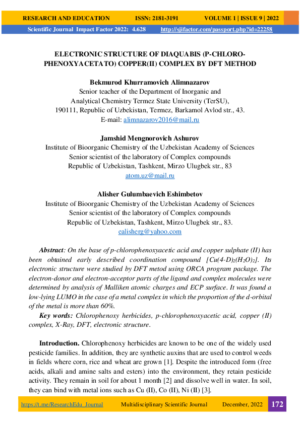 (PDF) Electronic Structure of Diaquabis (P-Chloro-Phenoxyacetato) Copper(II) Complex by DFT Method