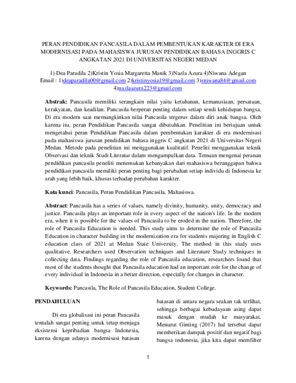(PDF) PERAN PENDIDIKAN PANCASILA DALAM PEMBENTUKAN KARAKTER DI ERA MODERNISASI PADA MAHASISWA ...