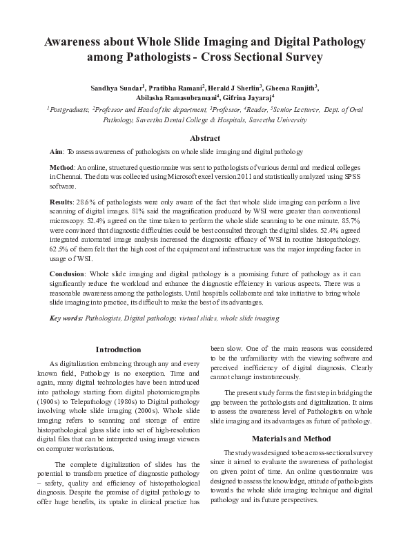(PDF) Awareness about Whole Slide Imaging and Digital Pathology among Pathologists - Cross ...