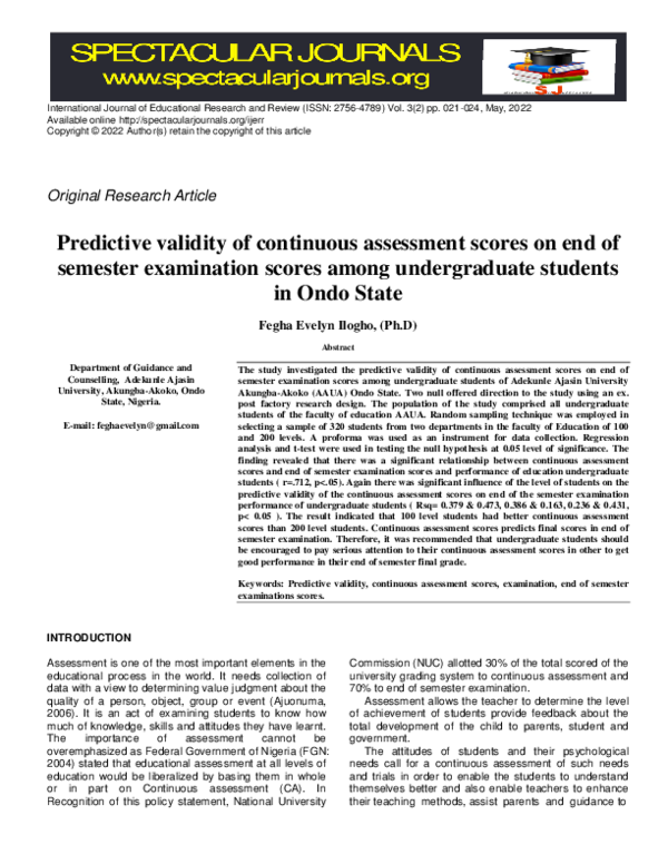 Pdf Predictive Validity Of Continuous Assessment Scores On End Of