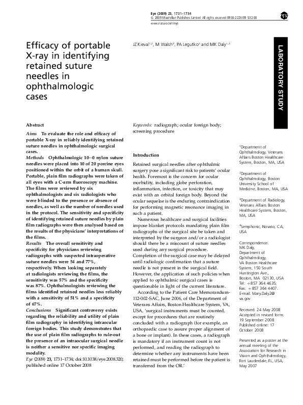 (PDF) Efficacy of portable X-ray in identifying retained suture needles ...