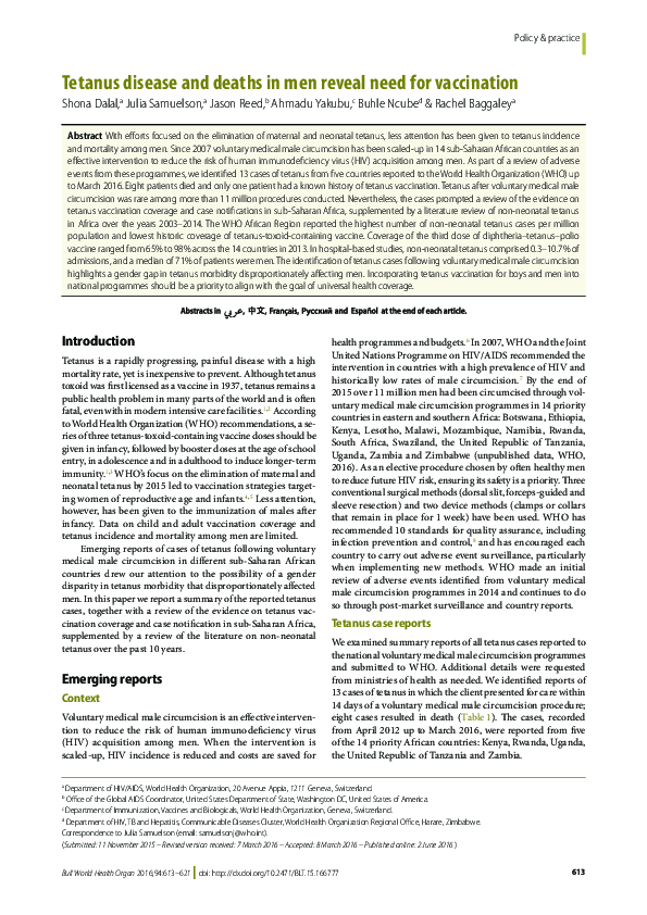 (PDF) Tetanus disease and deaths in men reveal need for vaccination