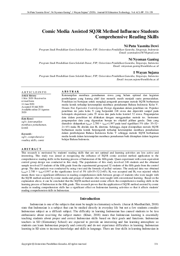 (PDF) Comic Media Assisted SQ3R Method Influence Students Comprehensive Reading Skills | yasmita ...