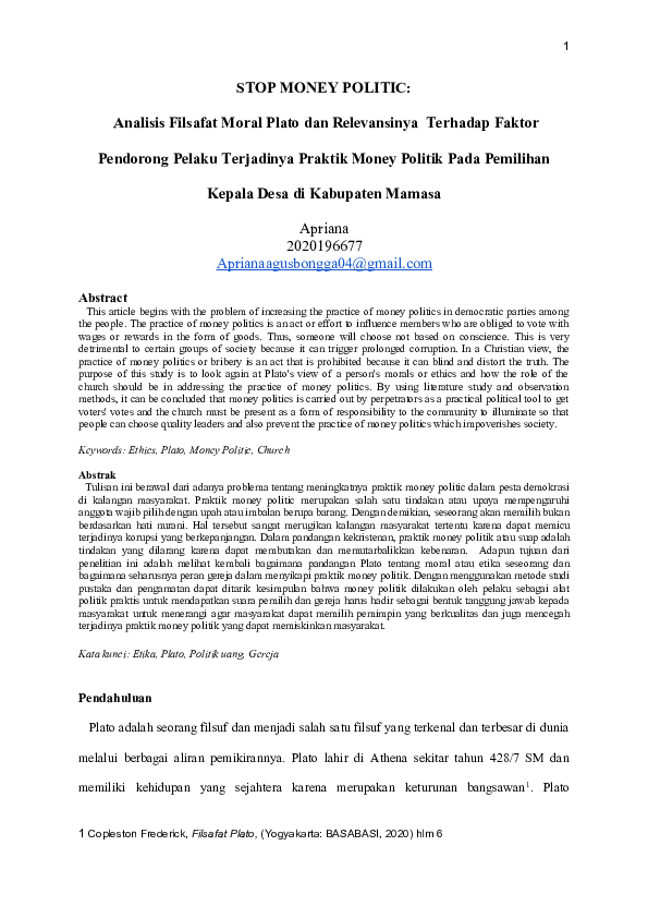 (DOC) STOP MONEY POLITIC: Analisis Filsafat Moral Plato dan ...