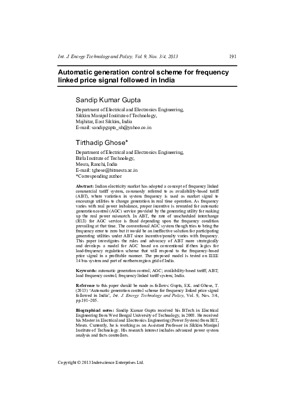 (PDF) Automatic generation control scheme for frequency linked price ...