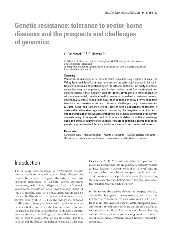 (PDF) Genetic resistance: tolerance to vector-borne diseases and the ...