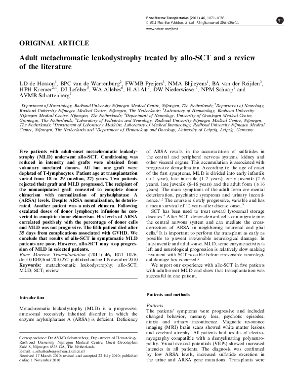 (PDF) Adult metachromatic leukodystrophy treated by allo-SCT and a ...