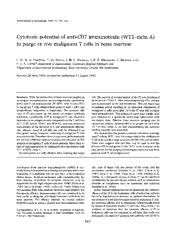 (PDF) Cytotoxic potential of anti-CD7 immunotoxin (WT1-ricin A) to purge ex vivo malignant T ...