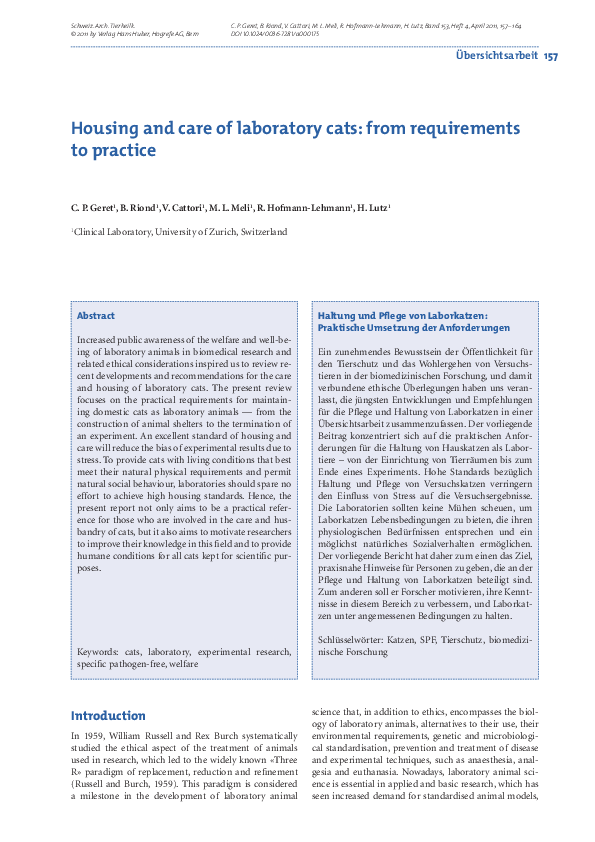 (PDF) Housing and care of laboratory cats: from requirements to practice