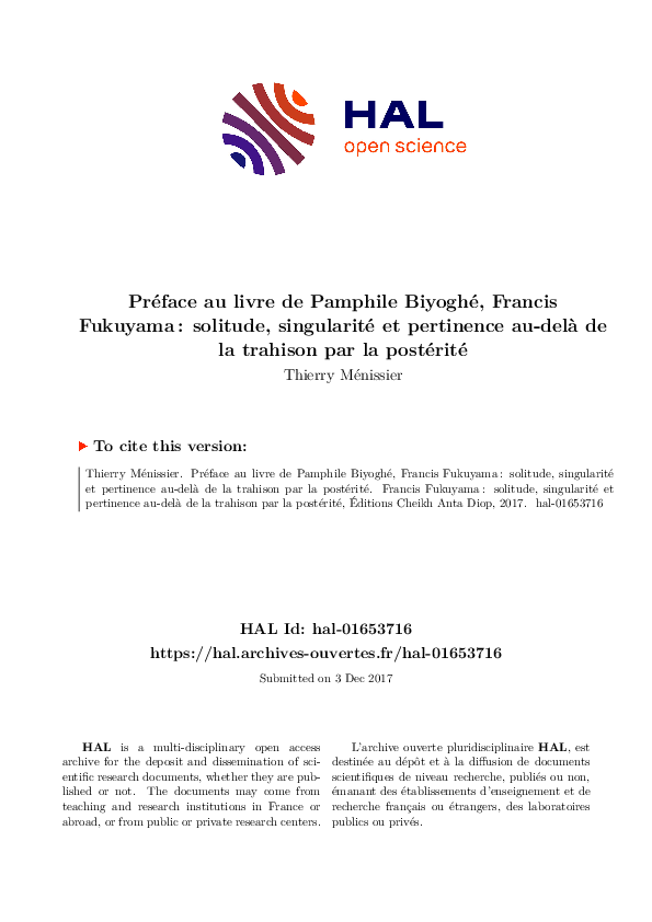 (PDF) Préface au livre de Pamphile Biyoghé, Francis Fukuyama : solitude ...