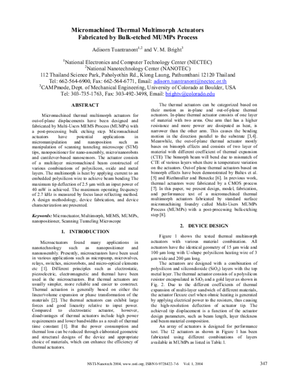 Pdf Micromachined Thermal Multimorph Actuators Fabricated By Multi Users Mems Process
