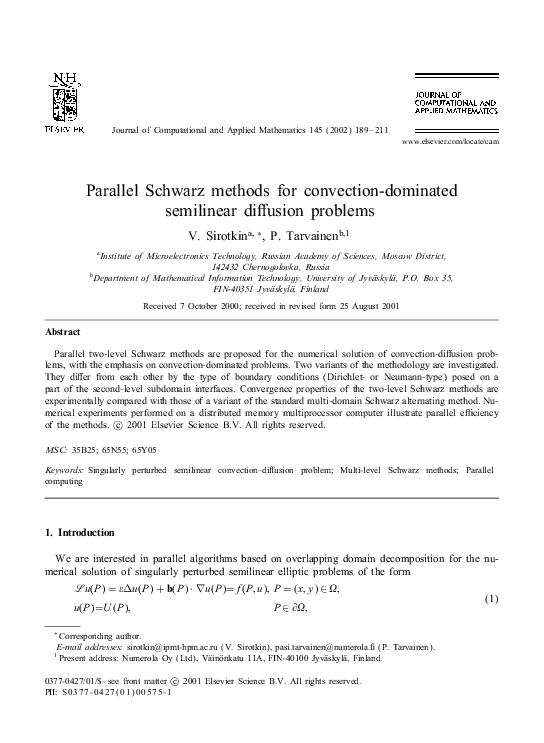 (PDF) Parallel Schwarz methods for convection-dominated semilinear diffusion problems