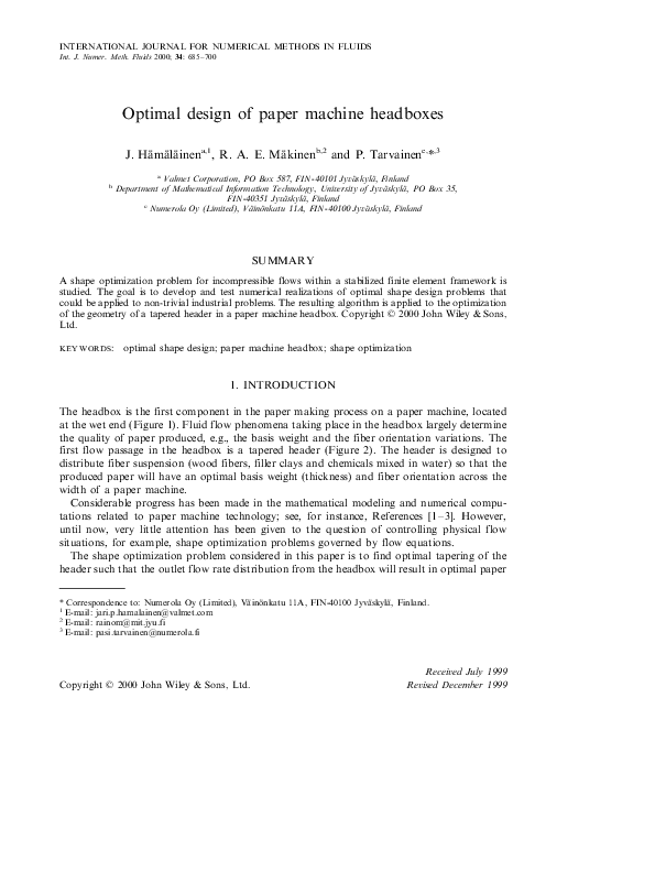 (PDF) Optimal design of paper machine headboxes (PDF) Optimal design of paper machine headboxes
