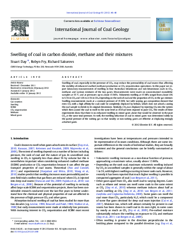 (PDF) Swelling of coal in carbon dioxide, methane and their mixtures