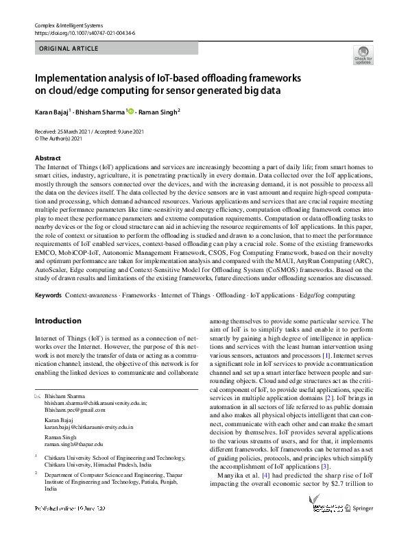 Pdf Implementation Analysis Of Iot Based Offloading Frameworks On Cloud Edge Computing For