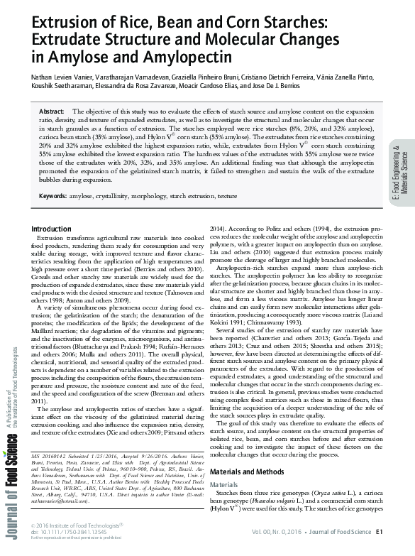 (PDF) Extrusion of Rice, Bean and Corn Starches: Extrudate Structure ...