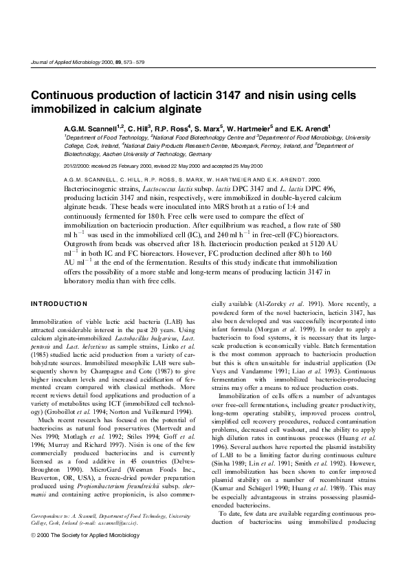 (PDF) Continuous production of lacticin 3147 and nisin using cells ...