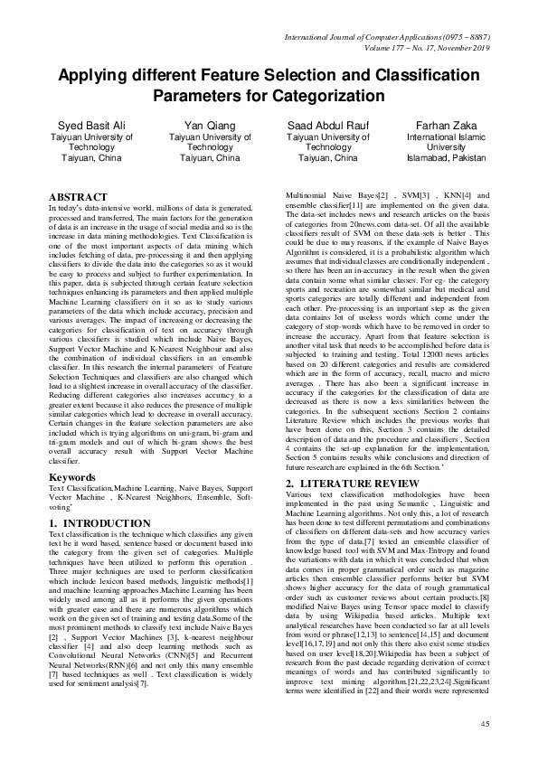 Pdf Applying Different Feature Selection And Classification