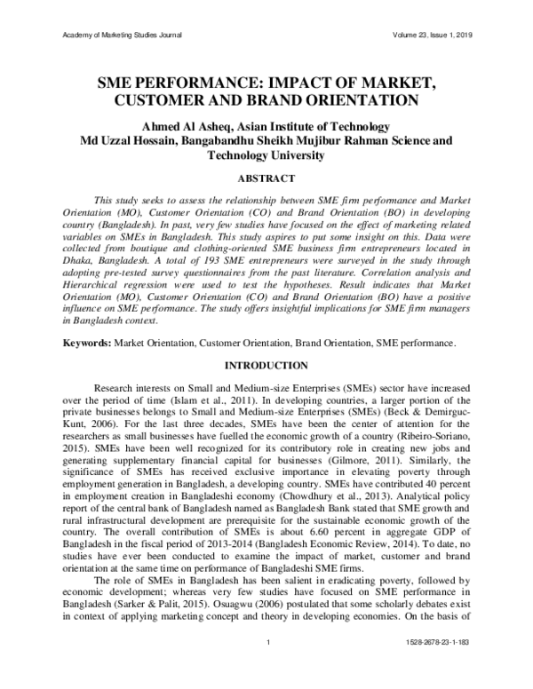 (PDF) Sme Performance: Impact of Market, Customer and Brand Orientation