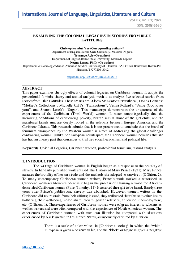 (PDF) EXAMINING THE COLONIAL LEGACIES IN STORIES FROM BLUE LATITUDES