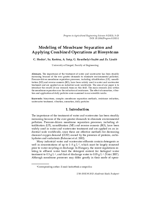 (PDF) Modeling of membrane separation and applying combined operations ...