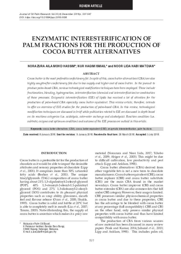 (PDF) Enzymatic Interesterification of Palm Fractions for the Production of Cocoa Butter ...