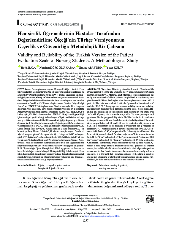 (PDF) Validity and Reliability of the Turkish Version of the Patient Evaluation Scale of Nursing ...