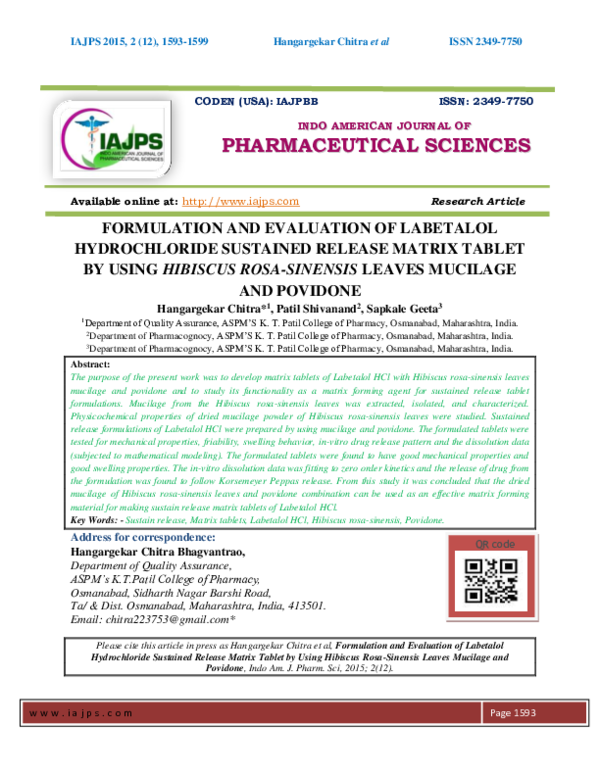 Pdf Formulation And Evaluation Of Labetalol Hydrochloride Sustained Release Matrix Tablet By