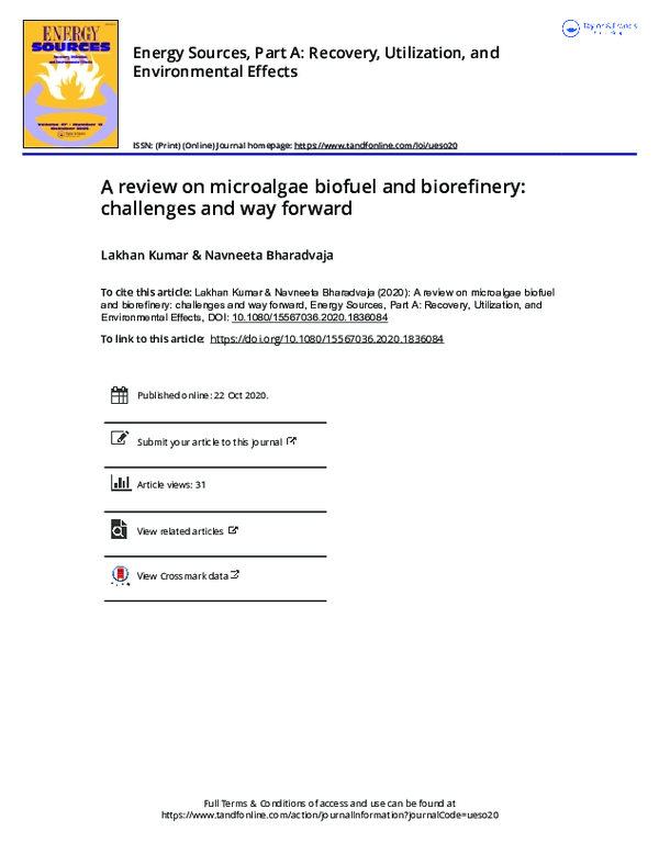 (PDF) A review on microalgae biofuel and biorefinery: challenges and way forward