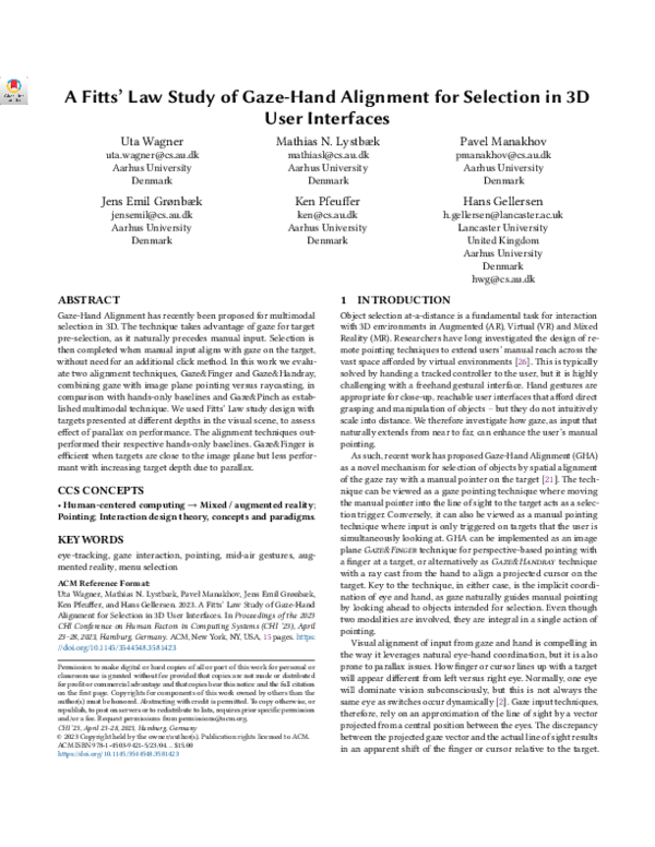 (PDF) A Fitts’ Law Study of Gaze-Hand Alignment for Selection in 3D ...