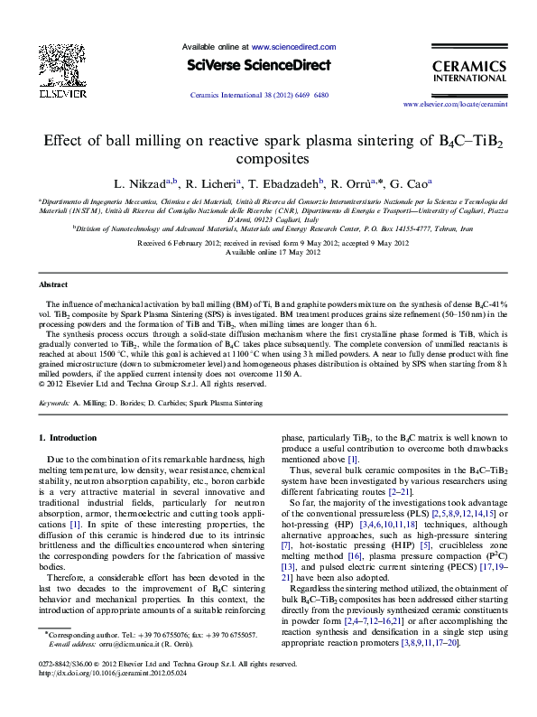 (PDF) Effect of ball milling on reactive spark plasma sintering of B4C ...