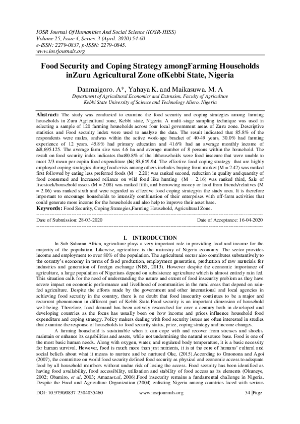 (PDF) Food Security and Coping Strategy amongFarming Households inZuru ...