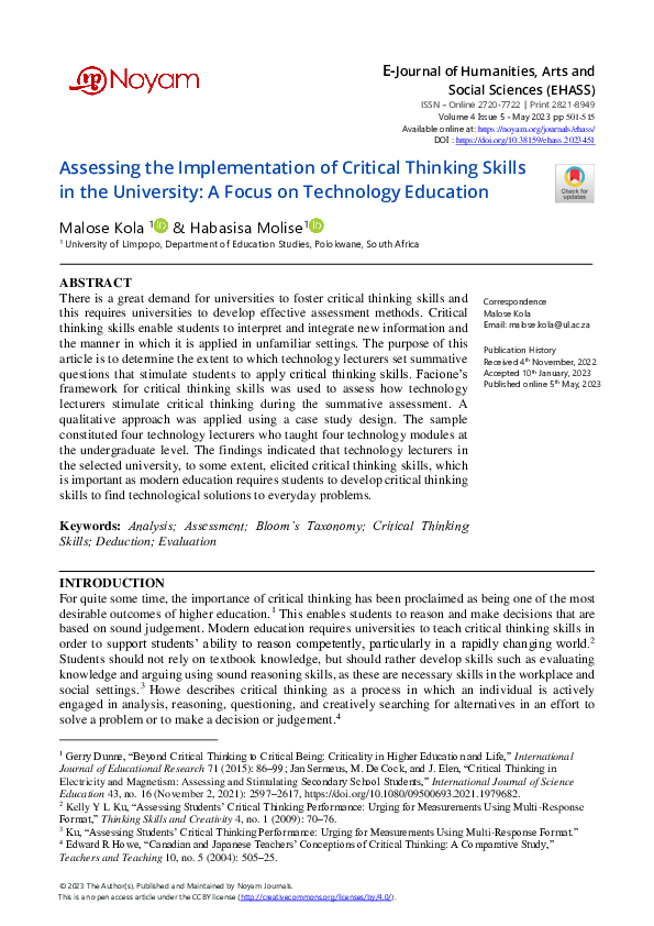 (PDF) Assessing the Implementation of Critical Thinking Skills in the University: A Focus on ...