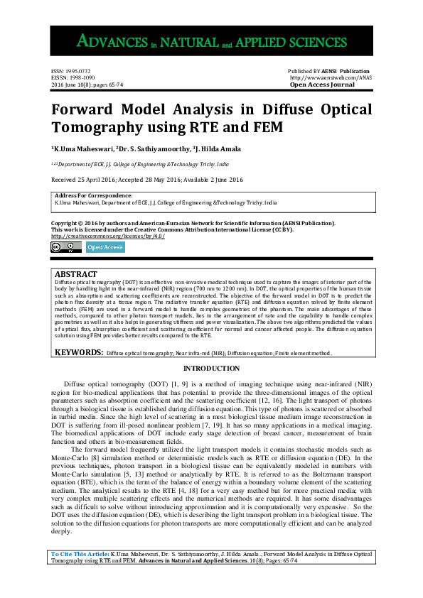 (PDF) Forward Model Analysis in Diffuse Optical Tomography Using Rte and Fem