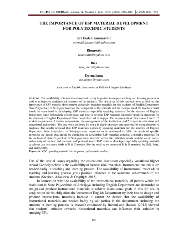(PDF) The Importance of Esp Material Development for Polytechnic Students