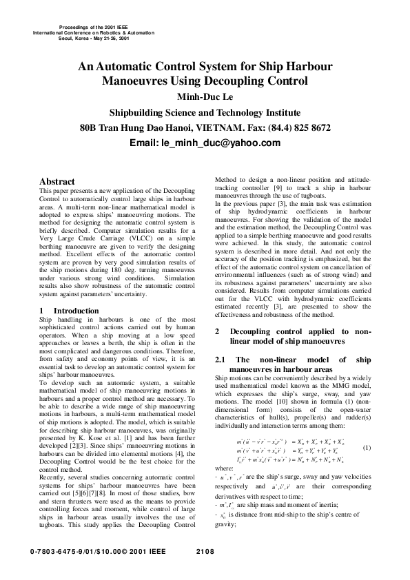 (PDF) An automatic control system for ship harbour manoeuvres using decoupling control