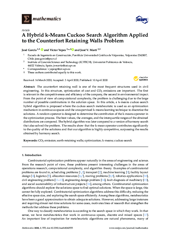 (PDF) A Hybrid k-Means Cuckoo Search Algorithm Applied to the Counterfort Retaining Walls ...
