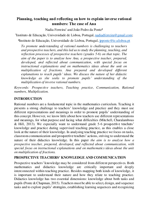 (PDF) Planning, teaching and reflecting on how to explain inverse rational numbers: The case of Ana