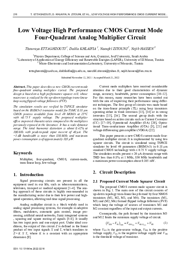 Pdf Low Voltage High Performance Cmos Current Mode Four Quadrant Analog Multiplier Circuit