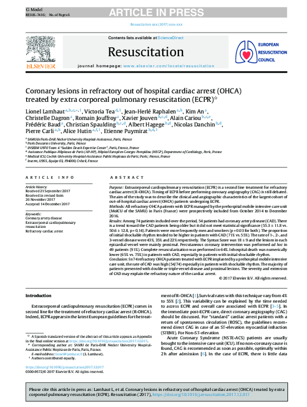 (PDF) Coronary lesions in refractory out of hospital cardiac arrest (OHCA) treated by extra ...