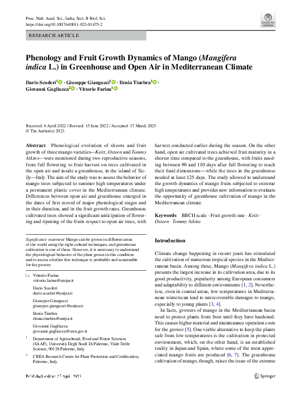 (PDF) Phenology and Fruit Growth Dynamics of Mango (Mangifera indica L.) in Greenhouse and Open ...