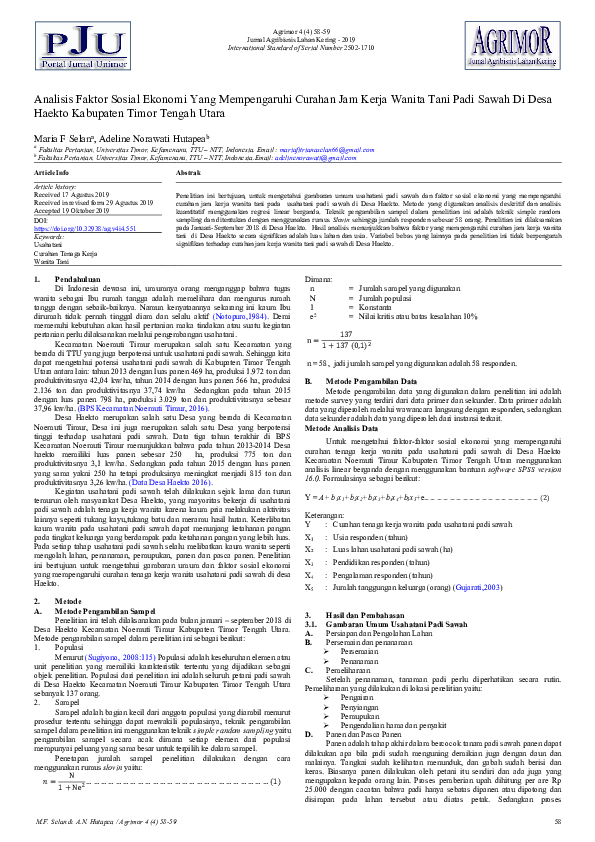 (PDF) Analisis Faktor Sosial Ekonomi yang Mempengaruhi Curahan Jam Kerja Wanita Tani Padi Sawah ...