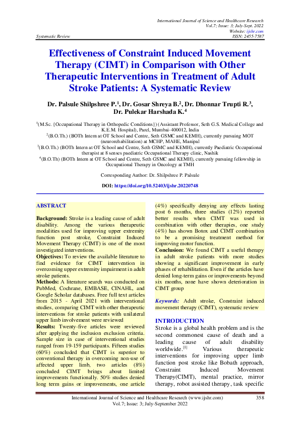 (PDF) Effectiveness of Constraint Induced Movement Therapy (CIMT) in ...