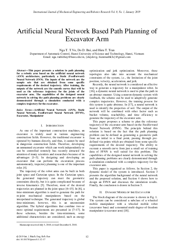(PDF) Artificial Neural Network Based Path Planning of Excavator Arm