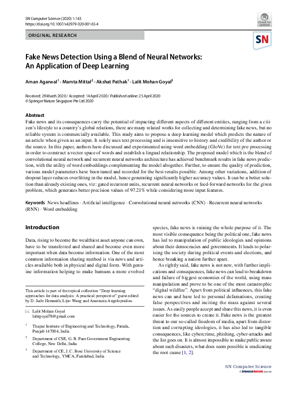 Pdf Fake News Detection Using A Blend Of Neural Networks An Application Of Deep Learning