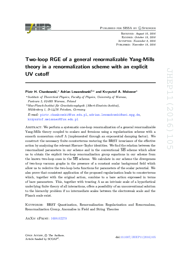 (PDF) Two-loop RGE of a general renormalizable Yang-Mills theory in a renormalization scheme ...